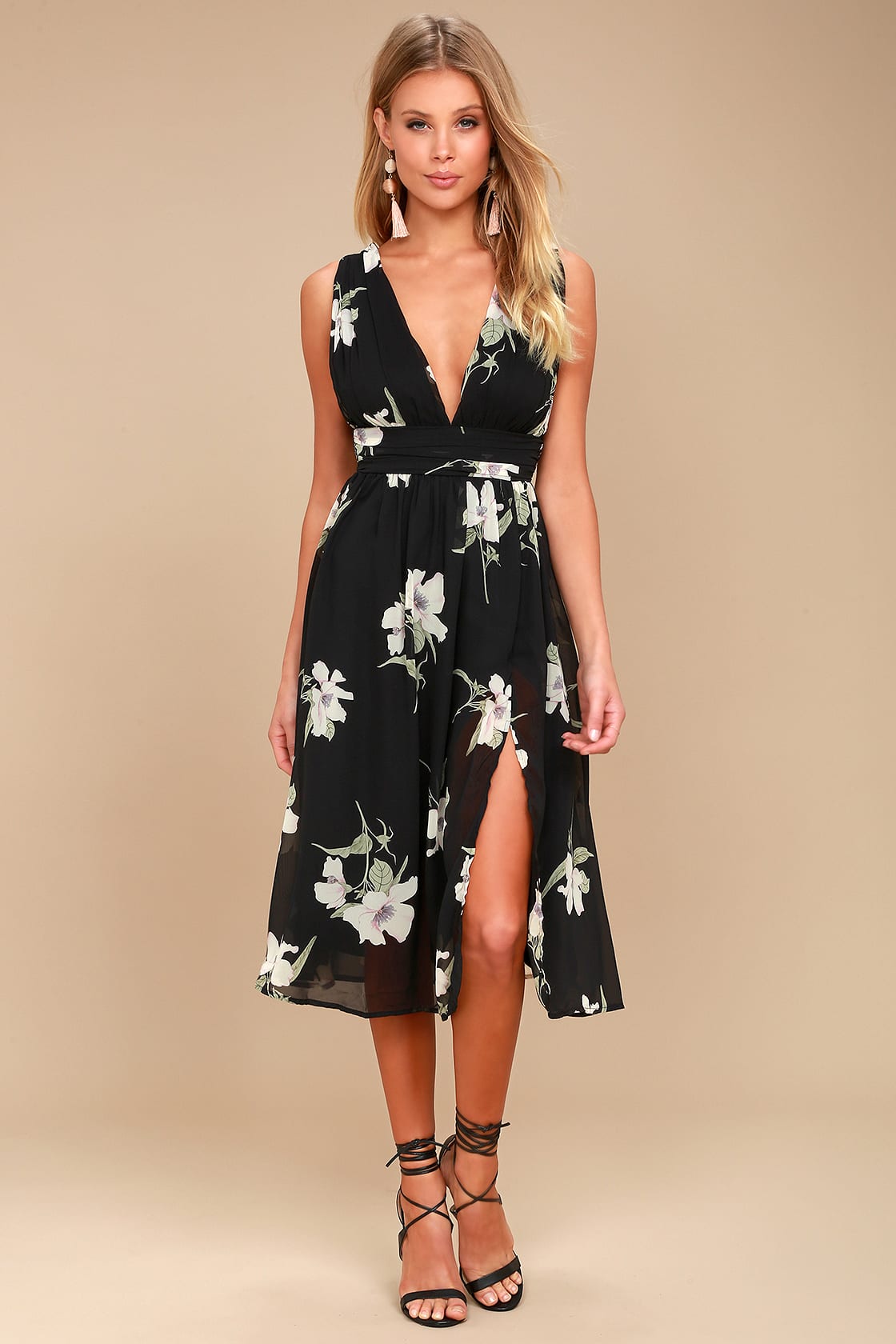 Lovely Black Floral Print Dress Sleeveless Midi Dress Lulus
