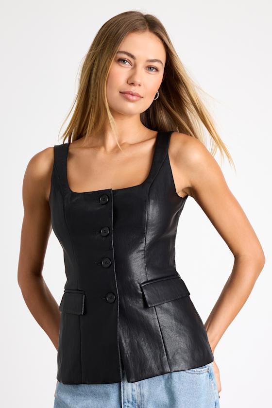 Black Vest Top - Vegan Leather Vest Top - Button-Front Vest Top - Lulus
