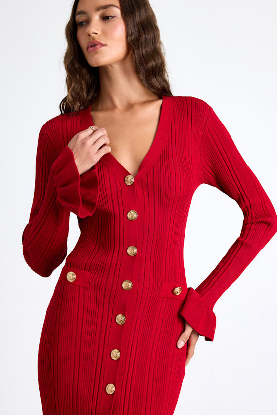 Red Ribbed Dress - Sweater Midi Dress - Button-Front Knit Dress - Lulus