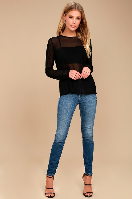 Sexy Black Top Mesh Top Long Sleeve Top Lulus