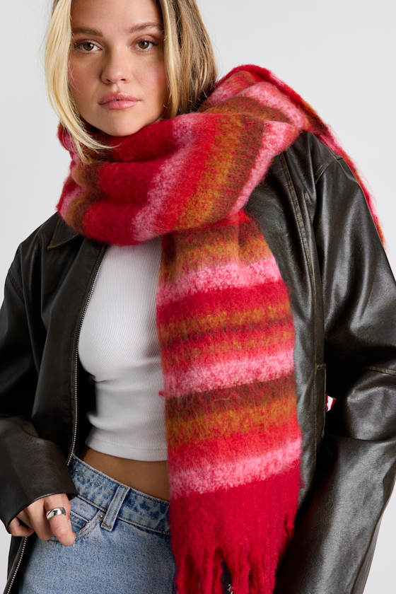 Red Striped Scarf - Brushed Knit Scarf - Oversized Fringe Scarf - Lulus