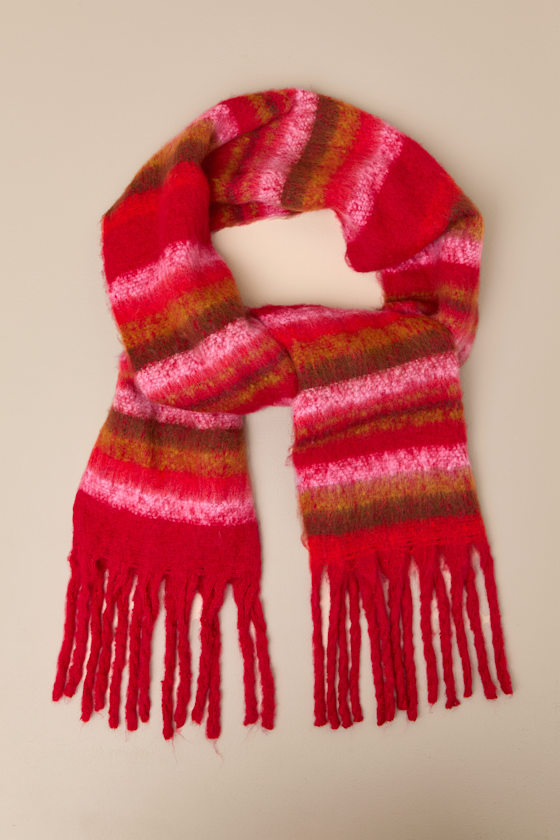 Red Striped Scarf - Brushed Knit Scarf - Oversized Fringe Scarf - Lulus