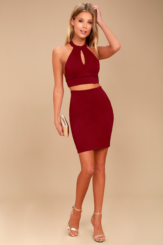 Sexy Wine Red Two Piece Dress - Lace Dress - Bodycon Dress - Lulus