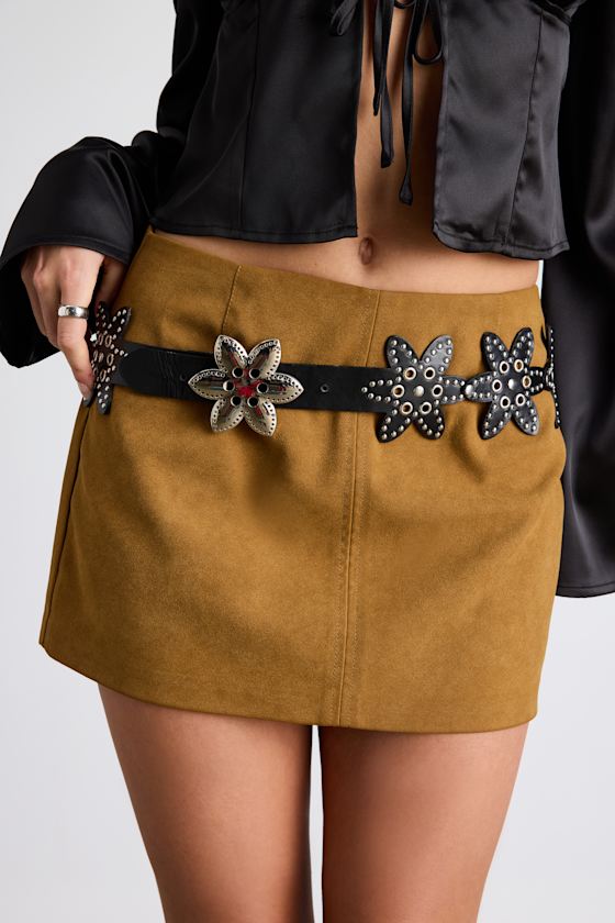 Black Floral-Cut Belt - Studded Flower Belt - Floral Accent Belt - Lulus