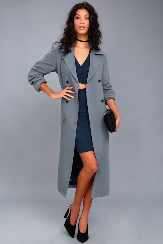 Chic Slate Blue Trench Coat - Long Trench Coat - Belted Coat - Lulus