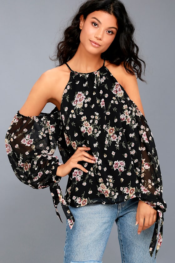Lovely Black Floral Print Top - Cold-Shoulder Top - Lulus