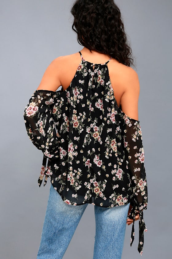 Lovely Black Floral Print Top - Cold-Shoulder Top
