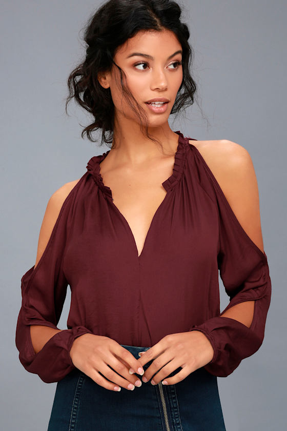 Chic Satin Top - Burgundy Top - Cold Shoulder Top - Lulus