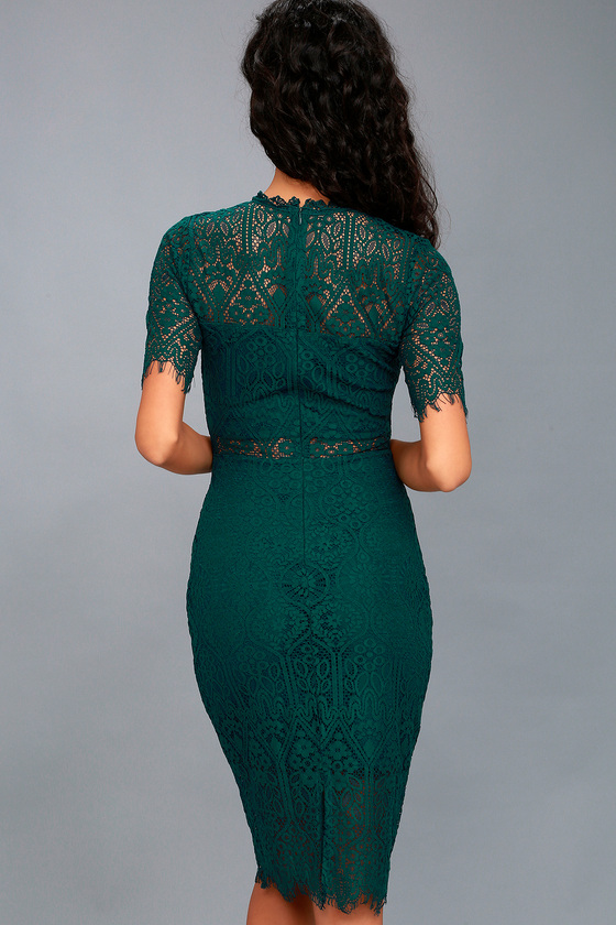 Chic Forest Green Dress Lace Dress Sheath Dress