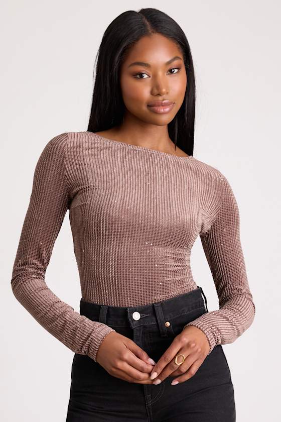 Light Brown Top - Sparkly Velvet Top - Low-Cut Back Top - Top - Lulus