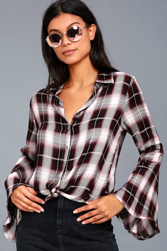 Cute Plaid Top - Button-Up Top - Bell Sleeve Button-Up Top - Lulus
