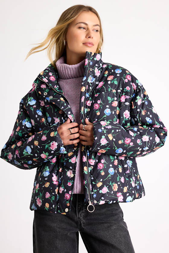 Black Floral Jacket - High Neck Puffer Jacket - Zip-Front Jacket - Lulus