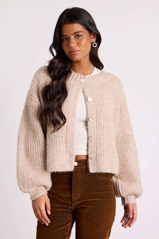 Heathered Beige Cardigan - Button-Front Cardigan - Boxy Cardigan - Lulus