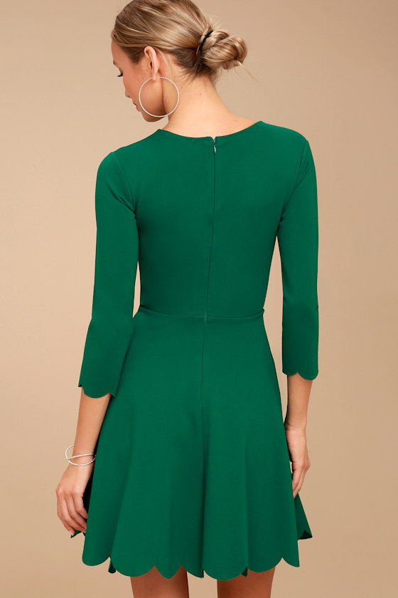 Dark Green Skater Dress - Long Sleeve Dress - Skater Dress