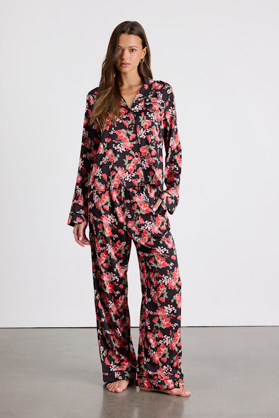 Black Multi Floral PJ Set - Satin PJ Set - Long Sleeve Pajama Set - Lulus