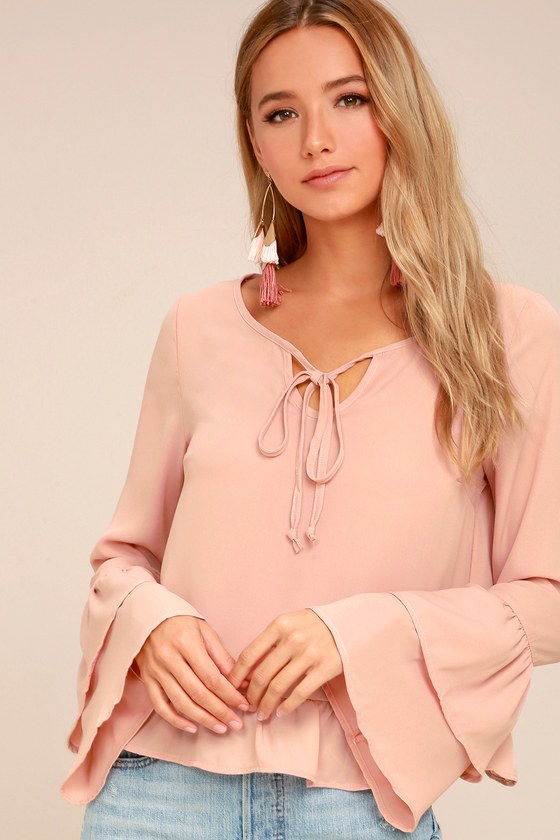 Chic Blush Pink Top Long Sleeve Top Flounce Sleeve Top Lulus