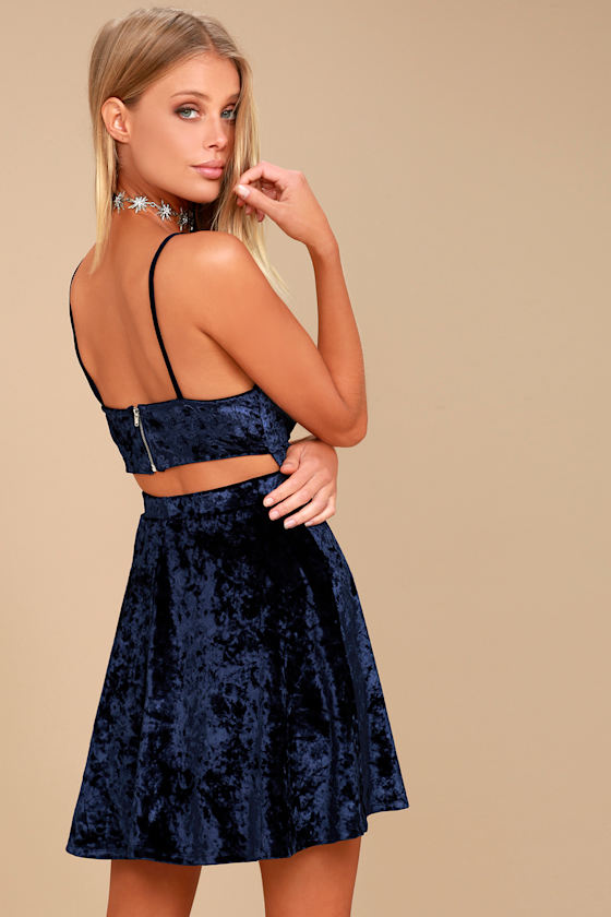 Cute Navy Velvet Dress - Velvet Skater Dress - Keyhole Dress - Lulus