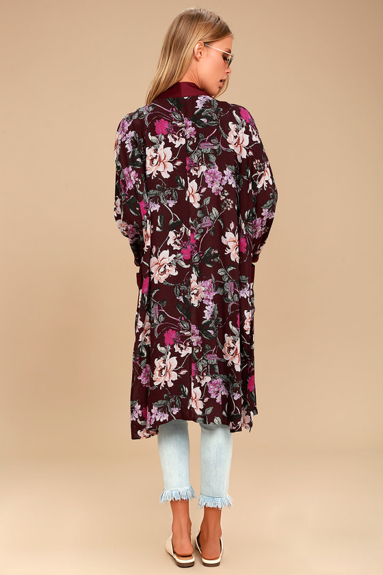 Sexy Burgundy Floral Print Kimono Kimono Top Midi Kimono