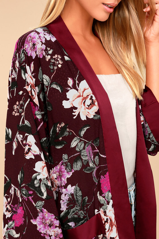 Sexy Burgundy Floral Print Kimono Kimono Top Midi Kimono