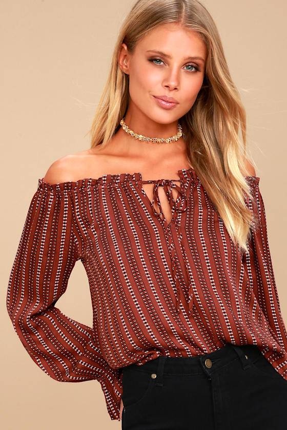 Boho Off-The-Shoulder Top - Red Print Top - Tying Cuff Top - Lulus