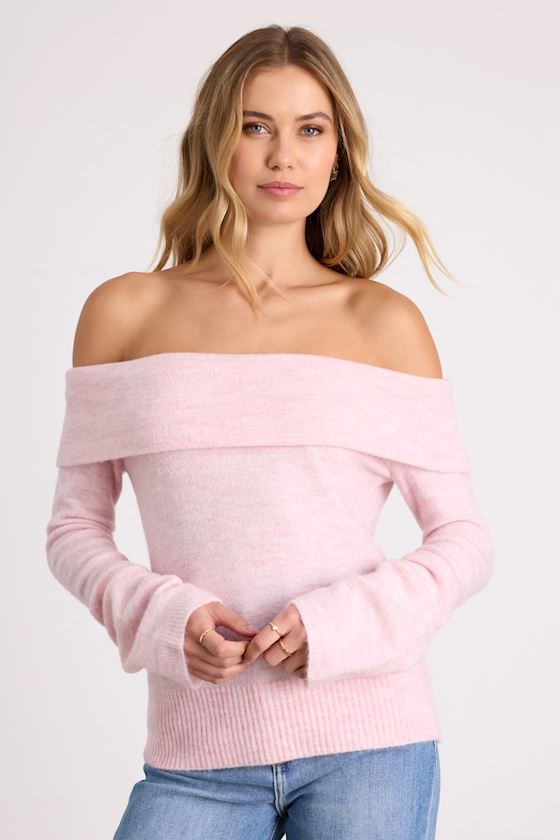 Light Pink Space Dye Sweater - Sweater Top - Off-the-Shoulder Top - Lulus