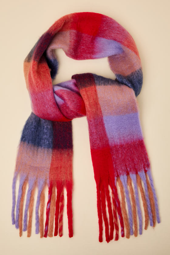 Berry Red Multi Plaid Scarf - Oversized Scarf - Fringe Scarf - Lulus