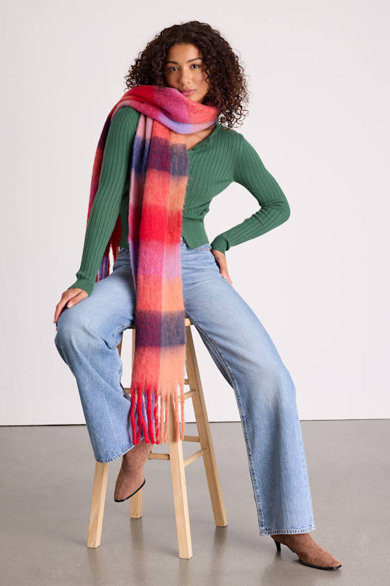 Berry Red Multi Plaid Scarf - Oversized Scarf - Fringe Scarf - Lulus