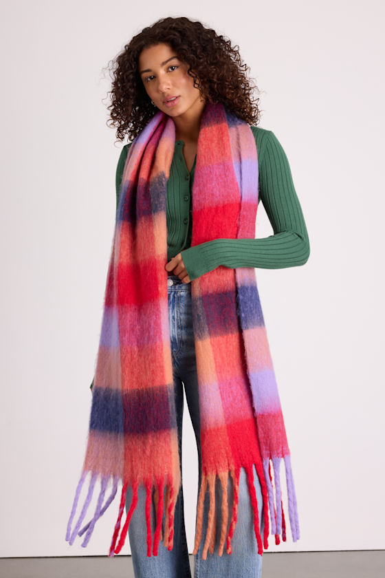 Berry Red Multi Plaid Scarf - Oversized Scarf - Fringe Scarf - Lulus
