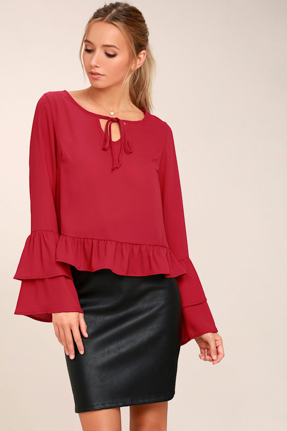 Chic Berry Red Top - Long Sleeve Top - Flounce Sleeve Top - Lulus