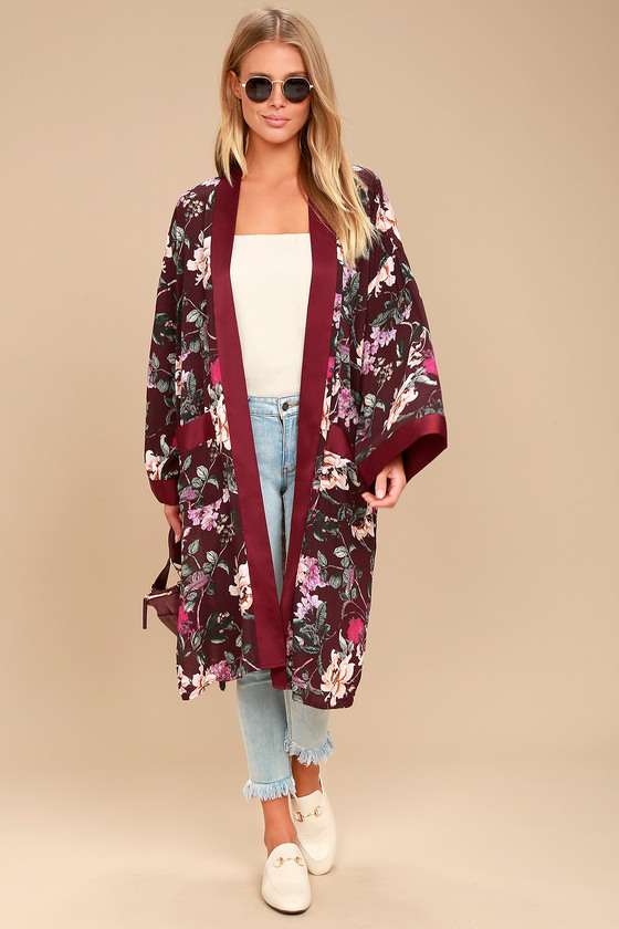 Sexy Burgundy Floral Print Kimono Kimono Top Midi Kimono Lulus