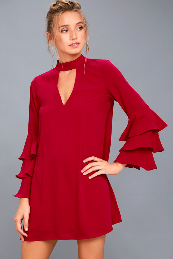 Chic Red Shift Dress - Flounce Sleeve Dress - Cutout Dress - Lulus