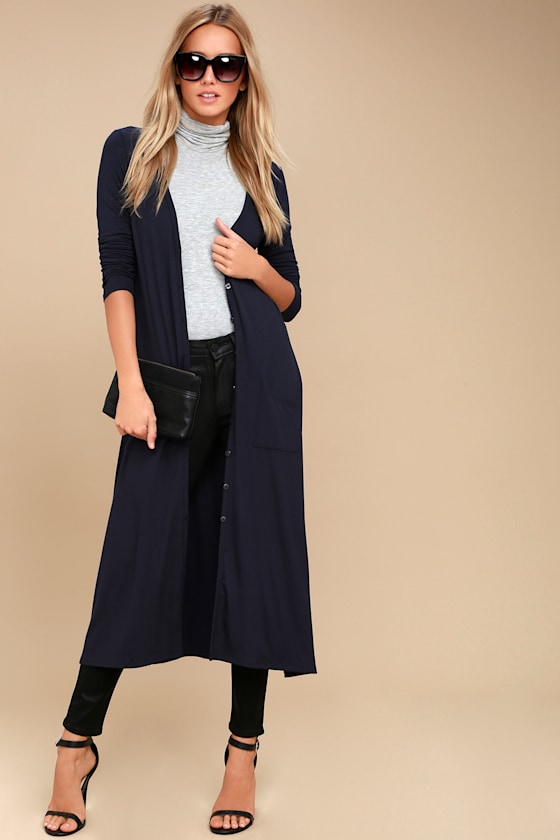 Navy Blue Cardigan Sweater - Longline Cardigan - Ribbed Duster - Lulus