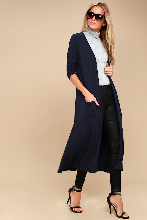 Navy Blue Cardigan Sweater - Longline Cardigan - Ribbed Duster - Lulus