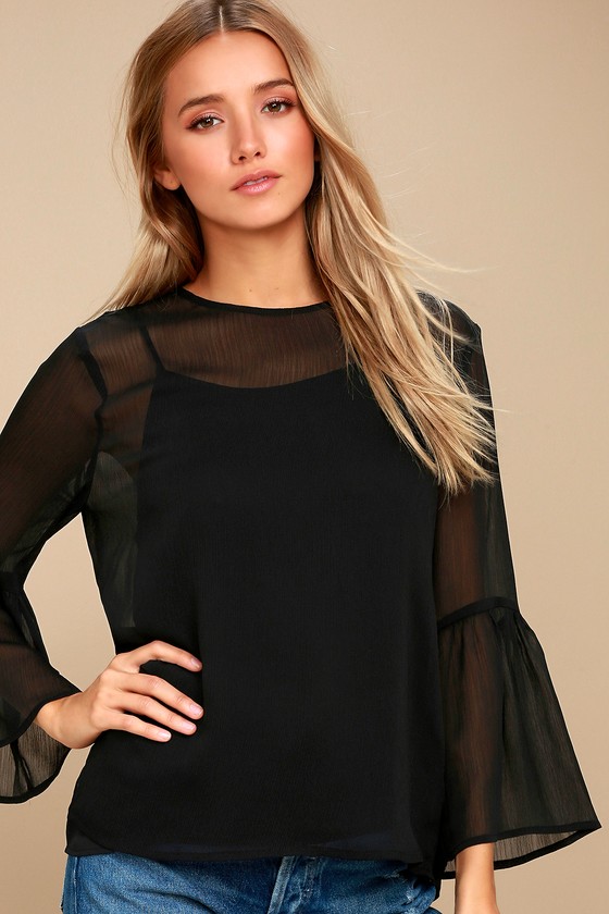 Chic Black Top Long Sleeve Top Flounce Sleeve Top Lulus