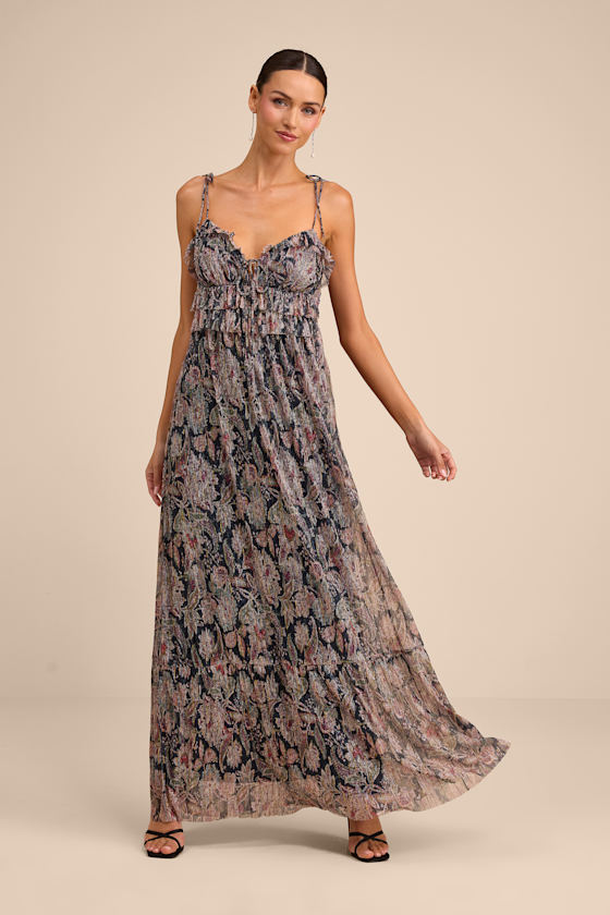 Navy Paisley Print Dress - Lurex Plisse Dress - Tie-Strap Maxi - Lulus