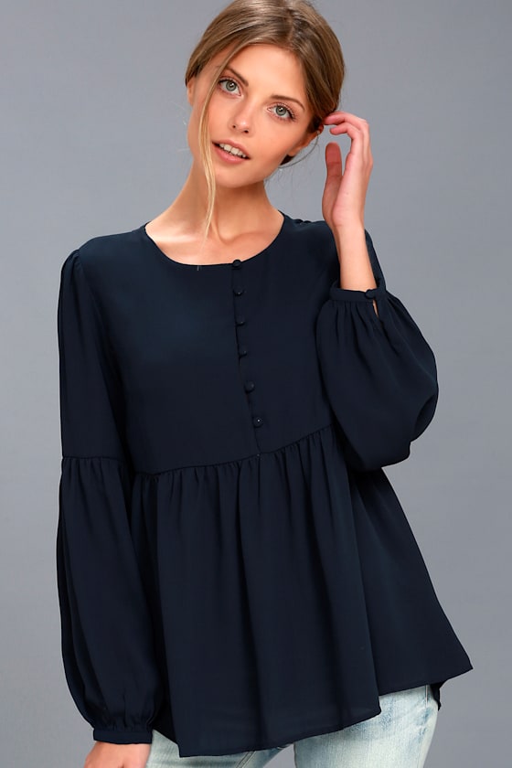 Lovely Navy Blue Blouse - Long Sleeve Top - Peplum Top - Lulus