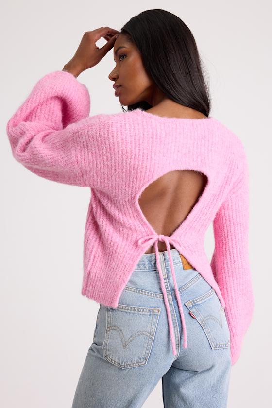 Pink Fuzzy Sweater - Tie-Back Sweater - Balloon Sleeve Sweater - Lulus