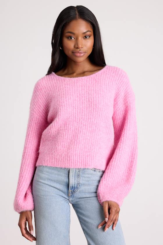 Pink Fuzzy Sweater - Tie-Back Sweater - Balloon Sleeve Sweater - Lulus