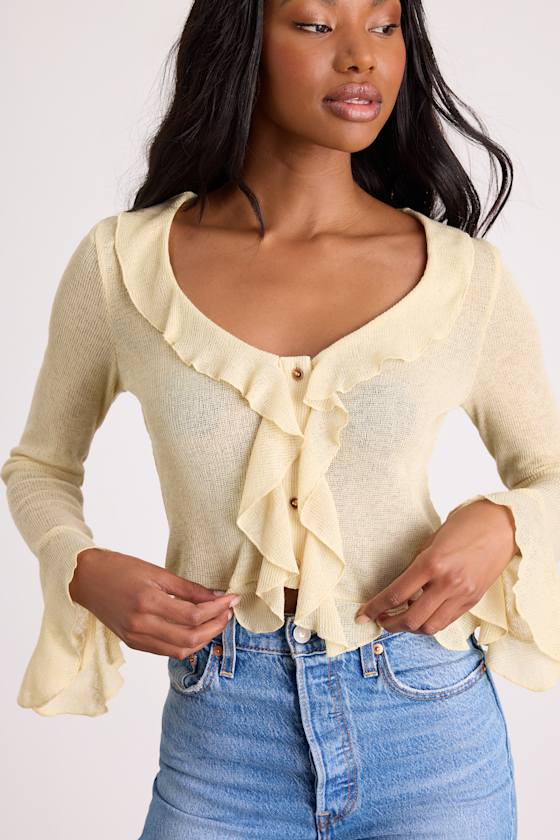 Light Yellow Ruffled Top - Sweater Knit Top - Button-Front Top - Lulus