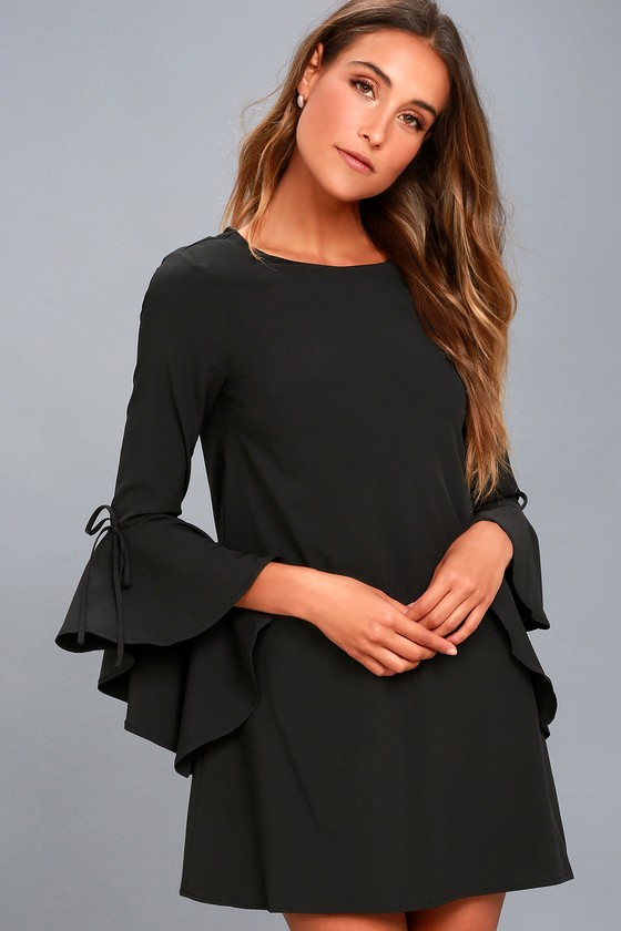 Chic Black Dress - Flounce Sleeve Dress - Shift Dress - Lulus