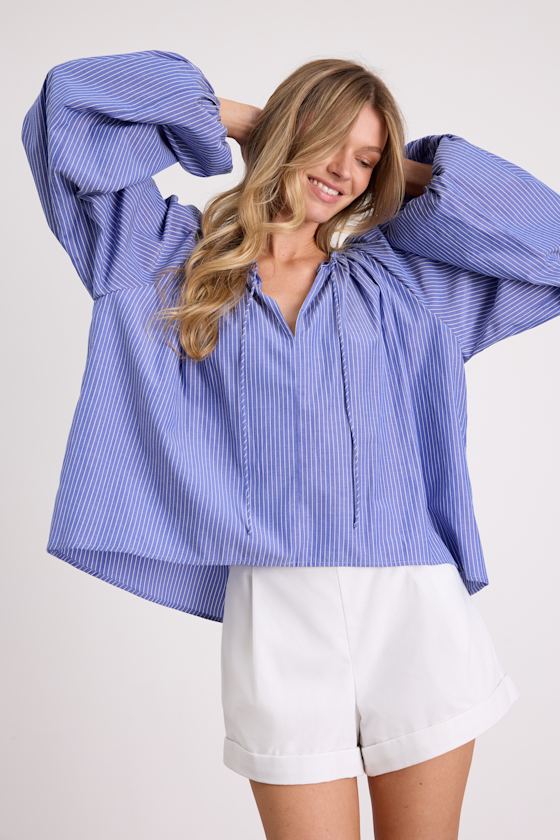 Blue Striped Cotton Blouse - Billowy Sleeve Top - Tie-Front Top - Lulus