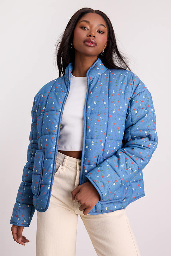 Blue Ditsy Floral Jacket - Quilted Puffer Jacket - Quilted Jacket - Lulus