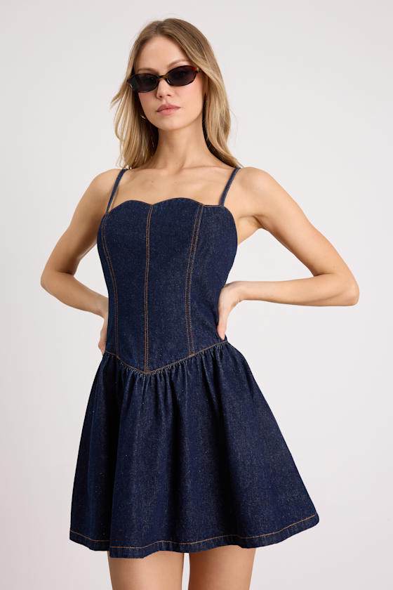 Dark Wash Denim Dress - Basque Waist Denim Dress - Mini Dress - Lulus