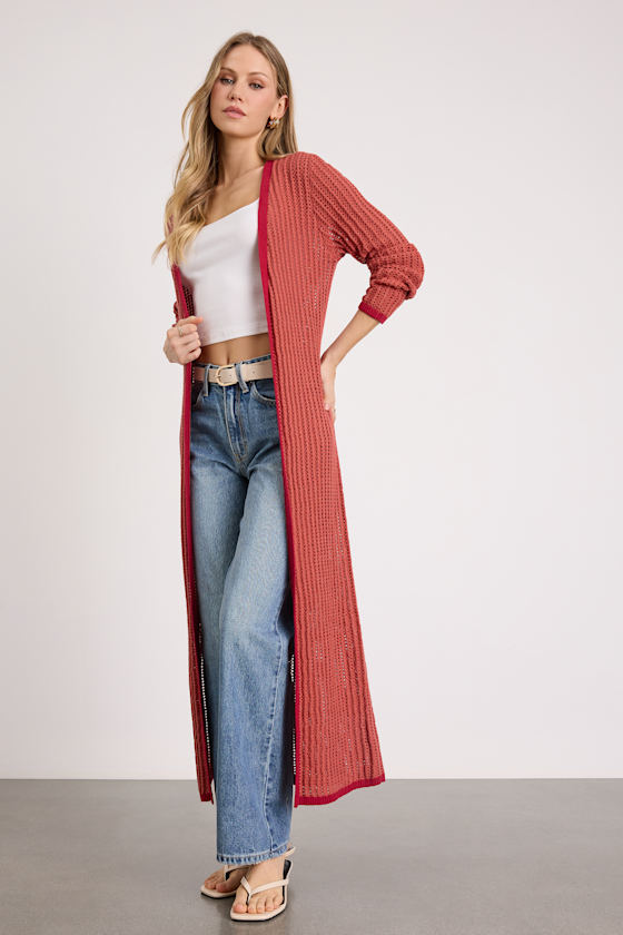 Rust Open-Knit Cardigan - Open-Front Cardigan - Longline Cardigan - Lulus