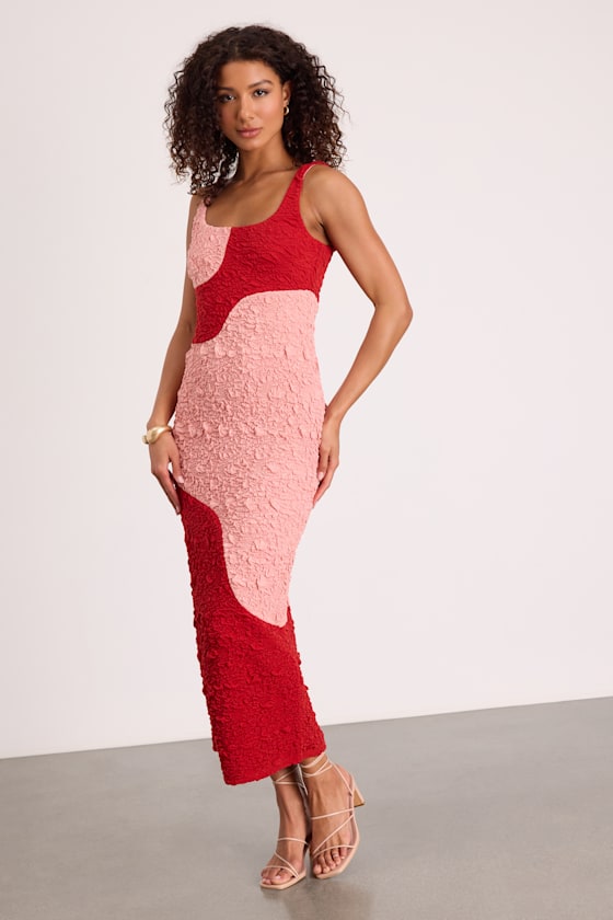 Red & Pink Color Block Dress - Textured Midi Dress - Midi Dress - Lulus