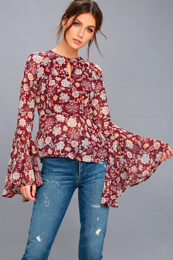 Boho Burgundy Top - Floral Print Top - Bell Sleeve Top - Lulus