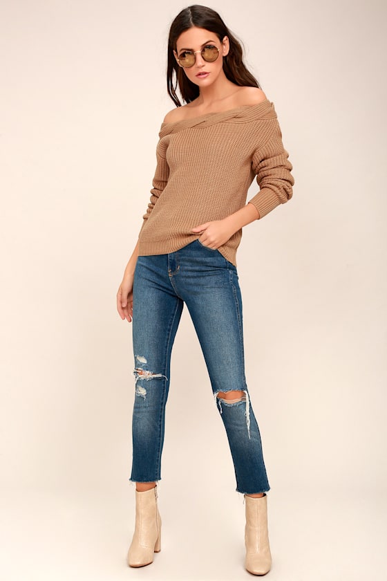 Cute Light Brown Sweater - Off-the-Shoulder Sweater - Lulus