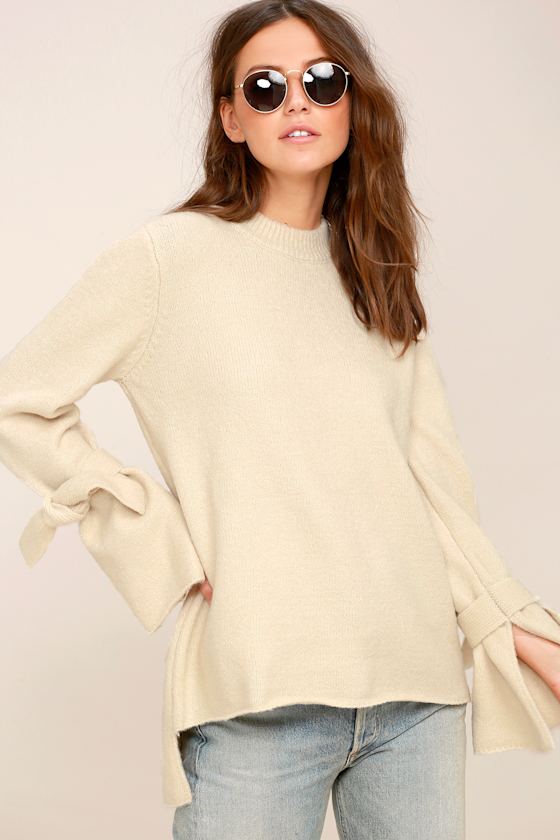 Cute Light Beige Sweater - Tie-Sleeve Sweater - Lulus