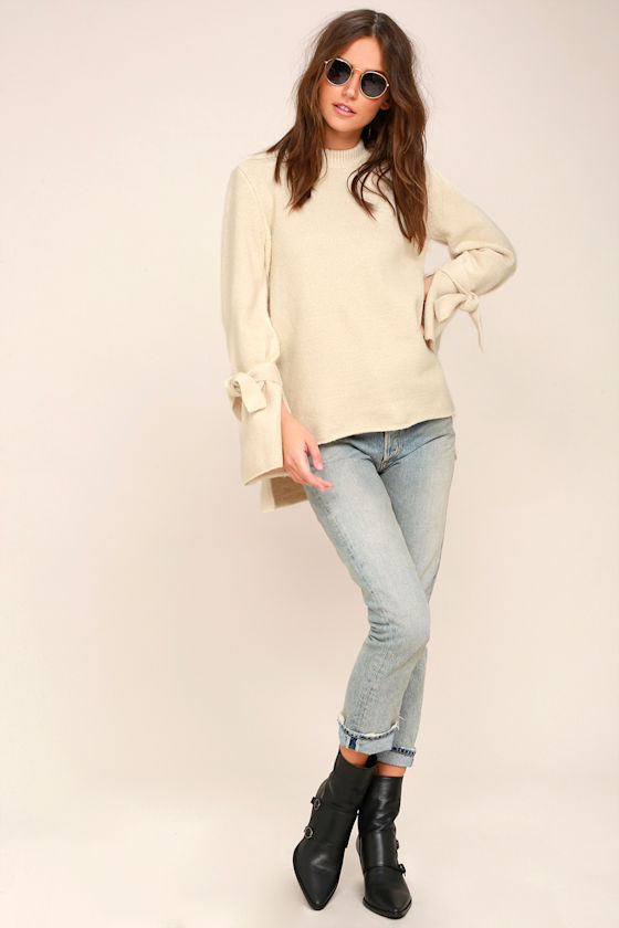 Cute Light Beige Sweater - Tie-Sleeve Sweater - Lulus