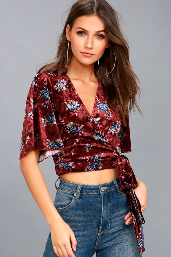 Moon River - Floral Print Velvet Crop Top - Velvet Wrap Top - Lulus